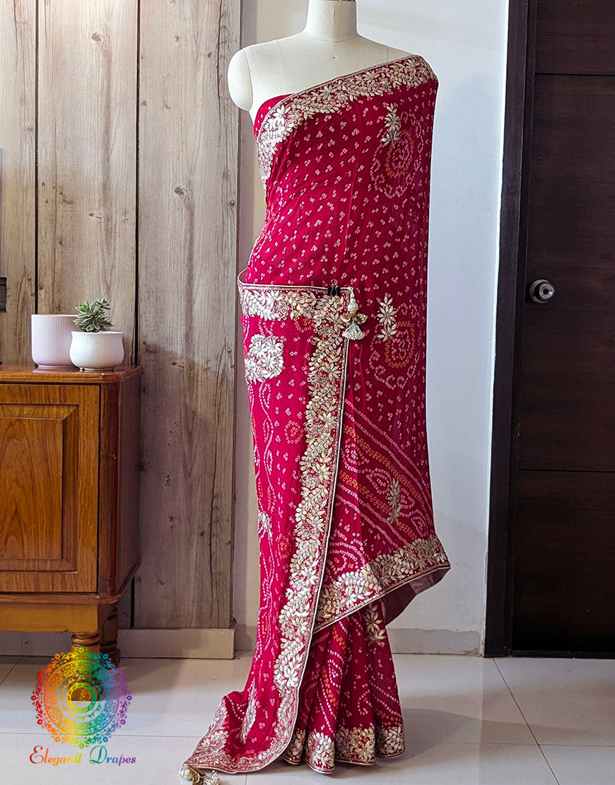 Red Pure Crepe Rai Bandhej Saree with Gota Patti Handwork | Elegantt Drapes